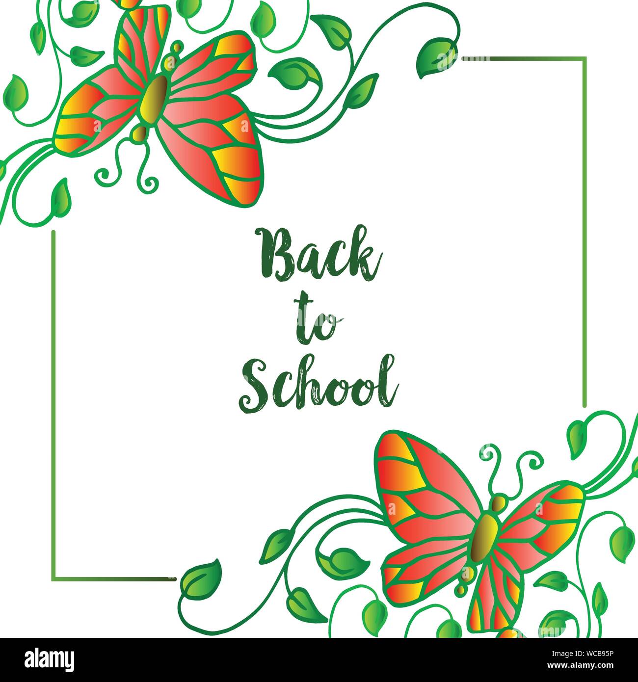 Back to school frame design, cute butterfly and green leaves. Vector ...