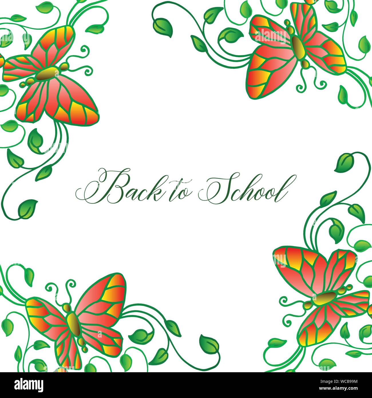 Back to school frame design, cute butterfly and green leaves. Vector ...