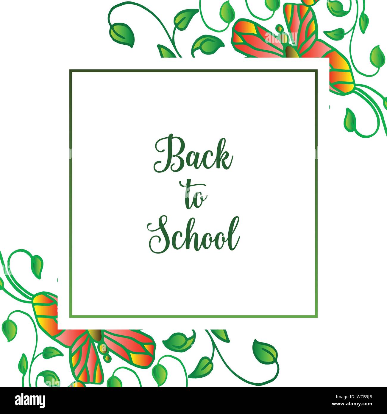 Back to school frame design, cute butterfly and green leaves. Vector ...