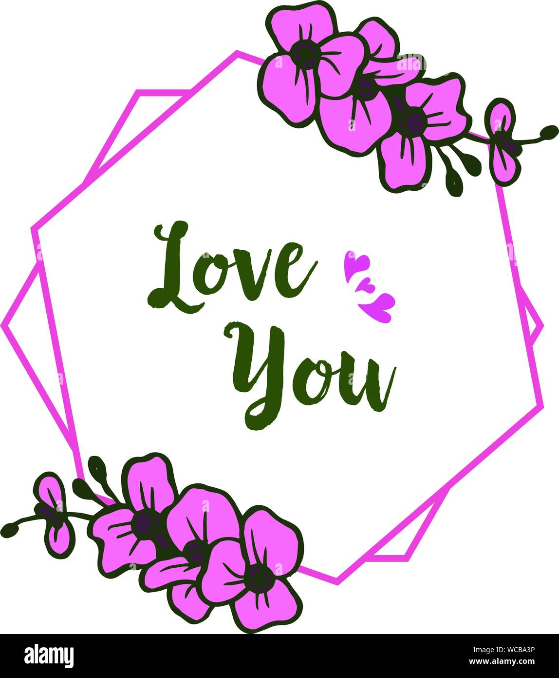 Cute Card For Lettering Love You Ornament Pink Flower Frame Vector