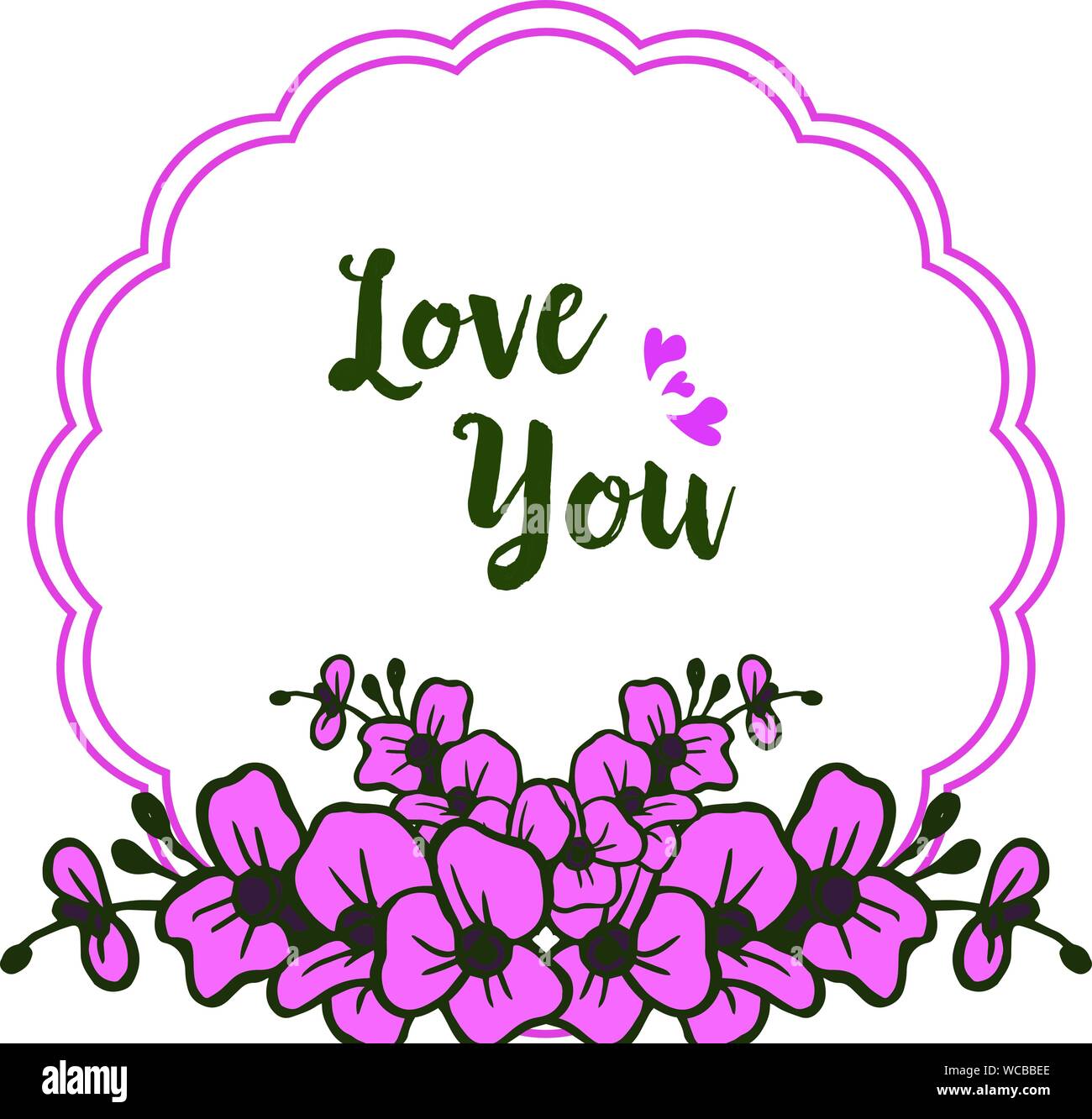 Template Of Romantic Card Love You With Various Pink Wreath Frame