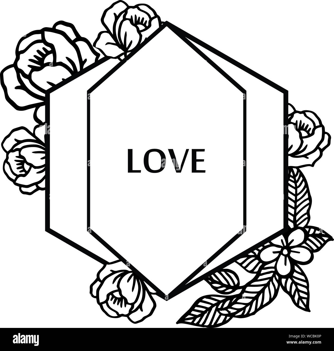 Hand drawn love poster, with elegant frame for ornate of leaves and ...
