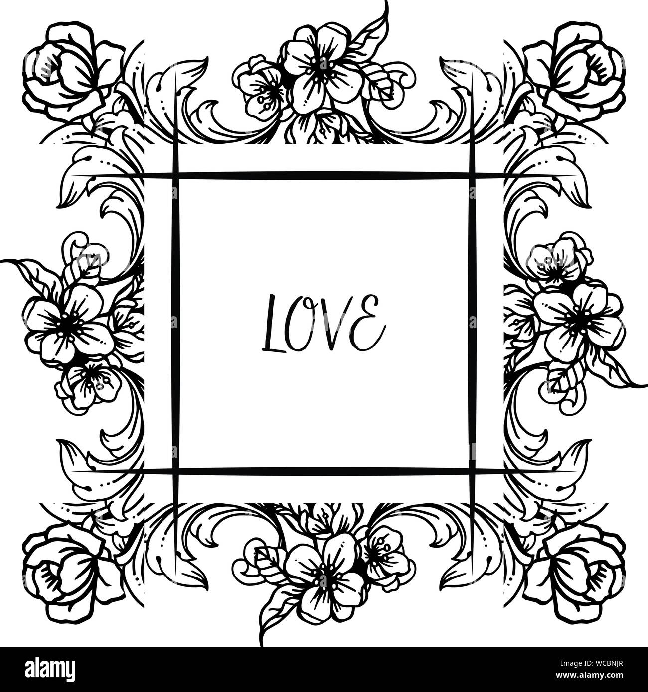 Love text lettering, with style unique frame and elegant leaf flower ...
