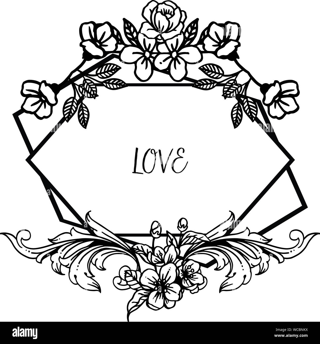 Love text lettering, with style unique frame and elegant leaf flower ...