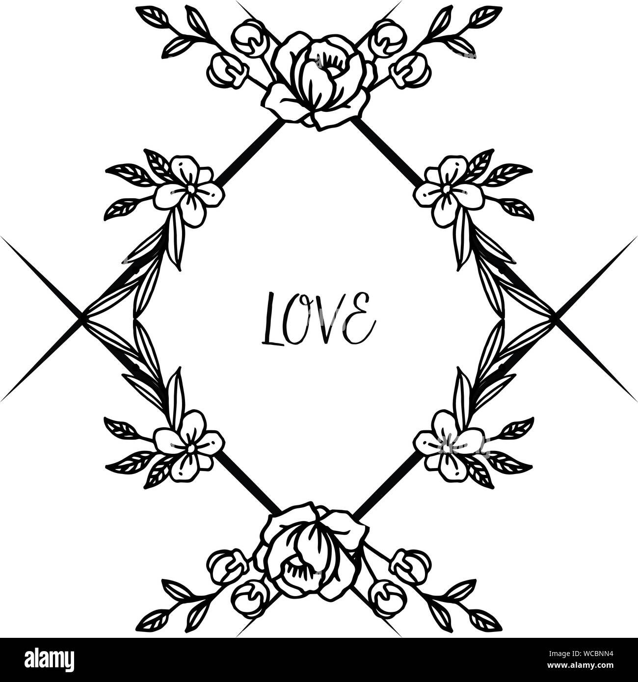 Love text lettering, with style unique frame and elegant leaf flower ...