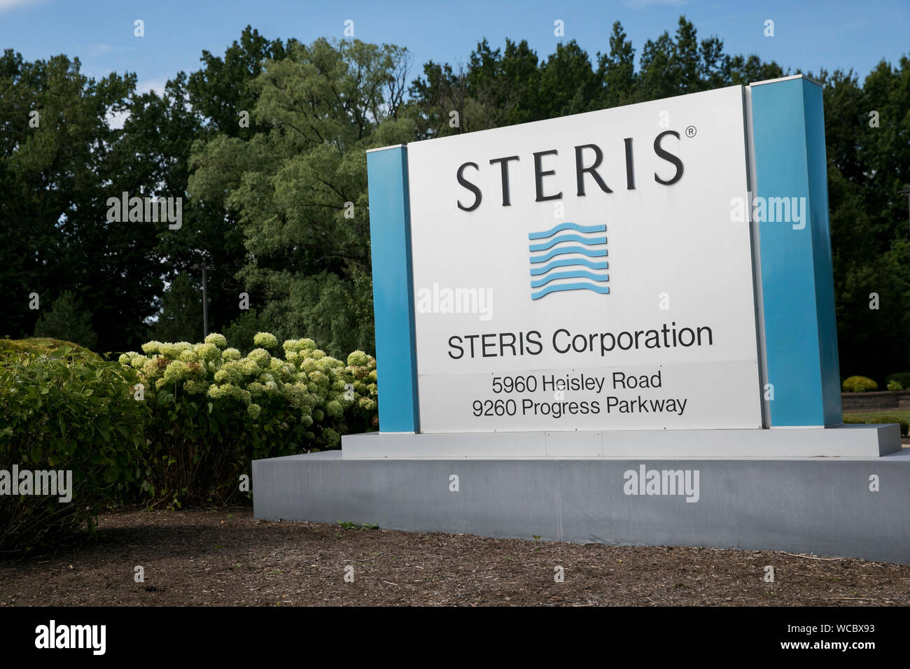 A logo sign outside of a facility occupied by the Steris Corporation in ...