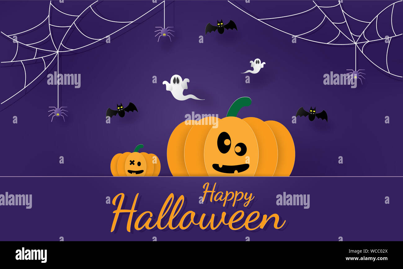 Happy Halloween, Ghosts bats spider and pumpkins, Paper layer cut ...