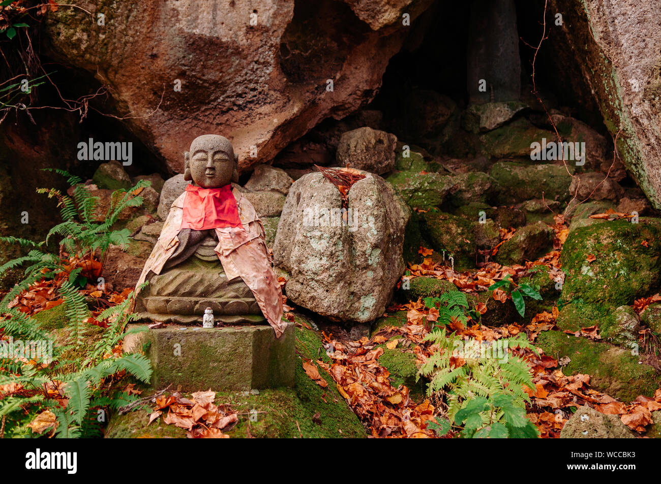 Jizo Bosatsu stone monk statues with bib and hat at Yamadera temple ...