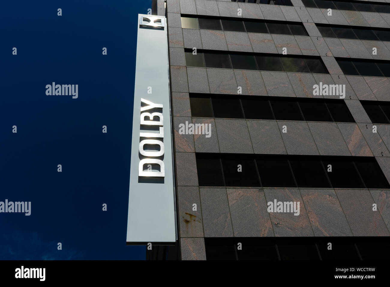 Dolby Laboratories sign and logo on facade of headquarters at South of ...
