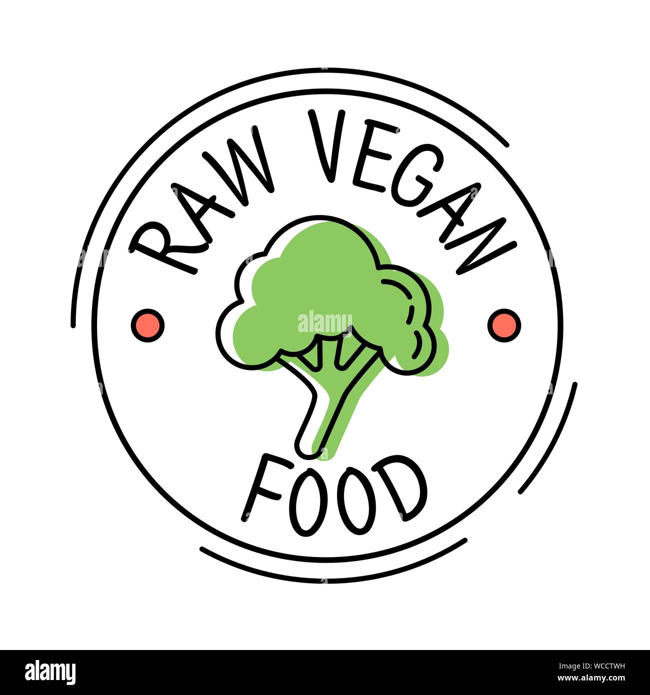 Raw Vegan food label line style logo with green broccoly, sticker ...