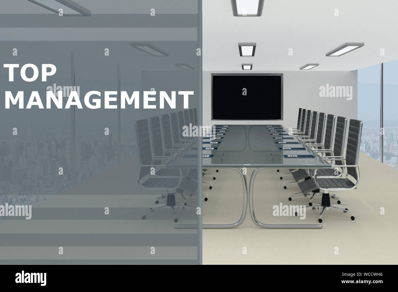 3D illustration of TOP MANAGEMENT title on a glass compartment Stock ...