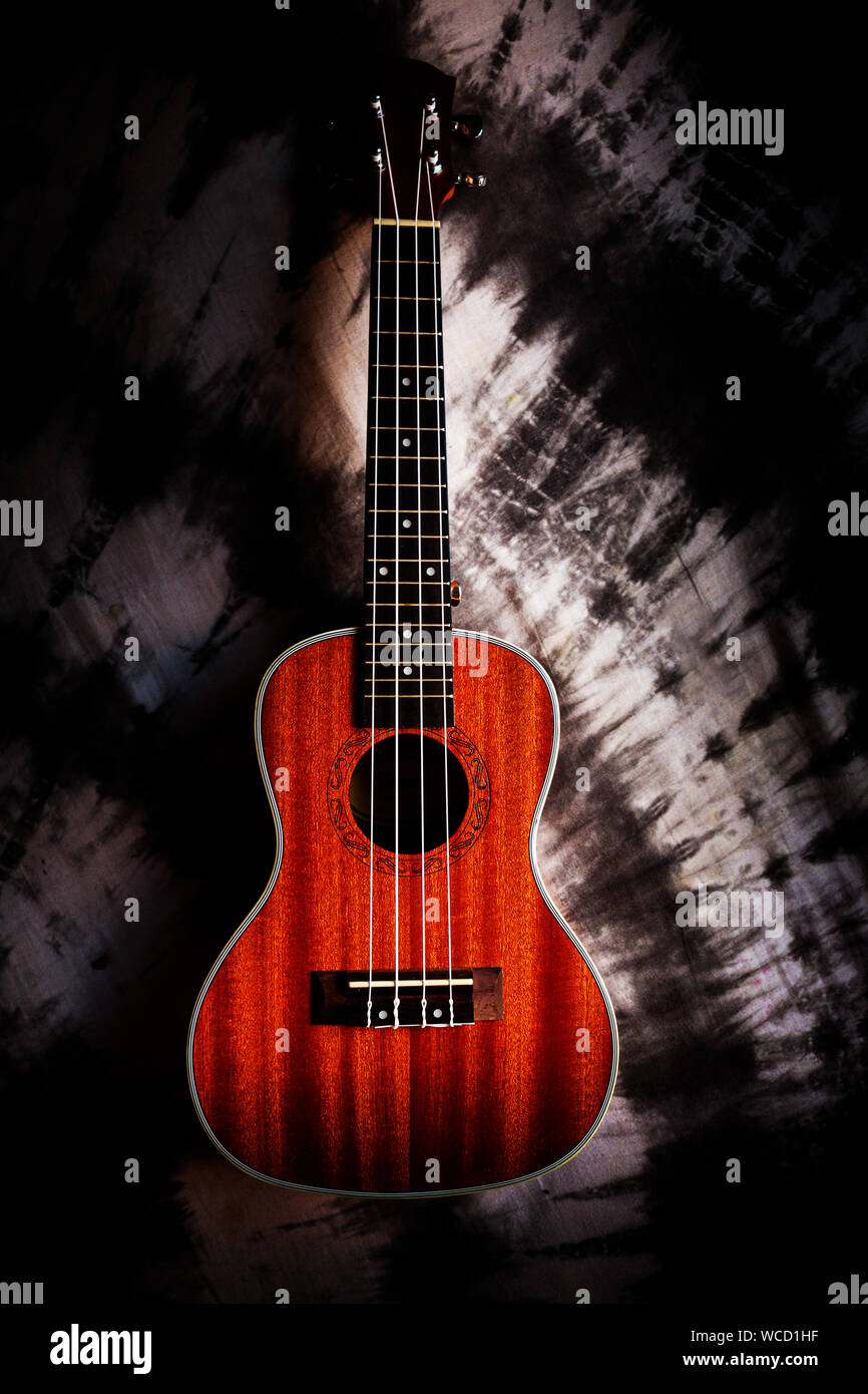 Ukulele on black abstract background. Headstock and fret of ukulele ...