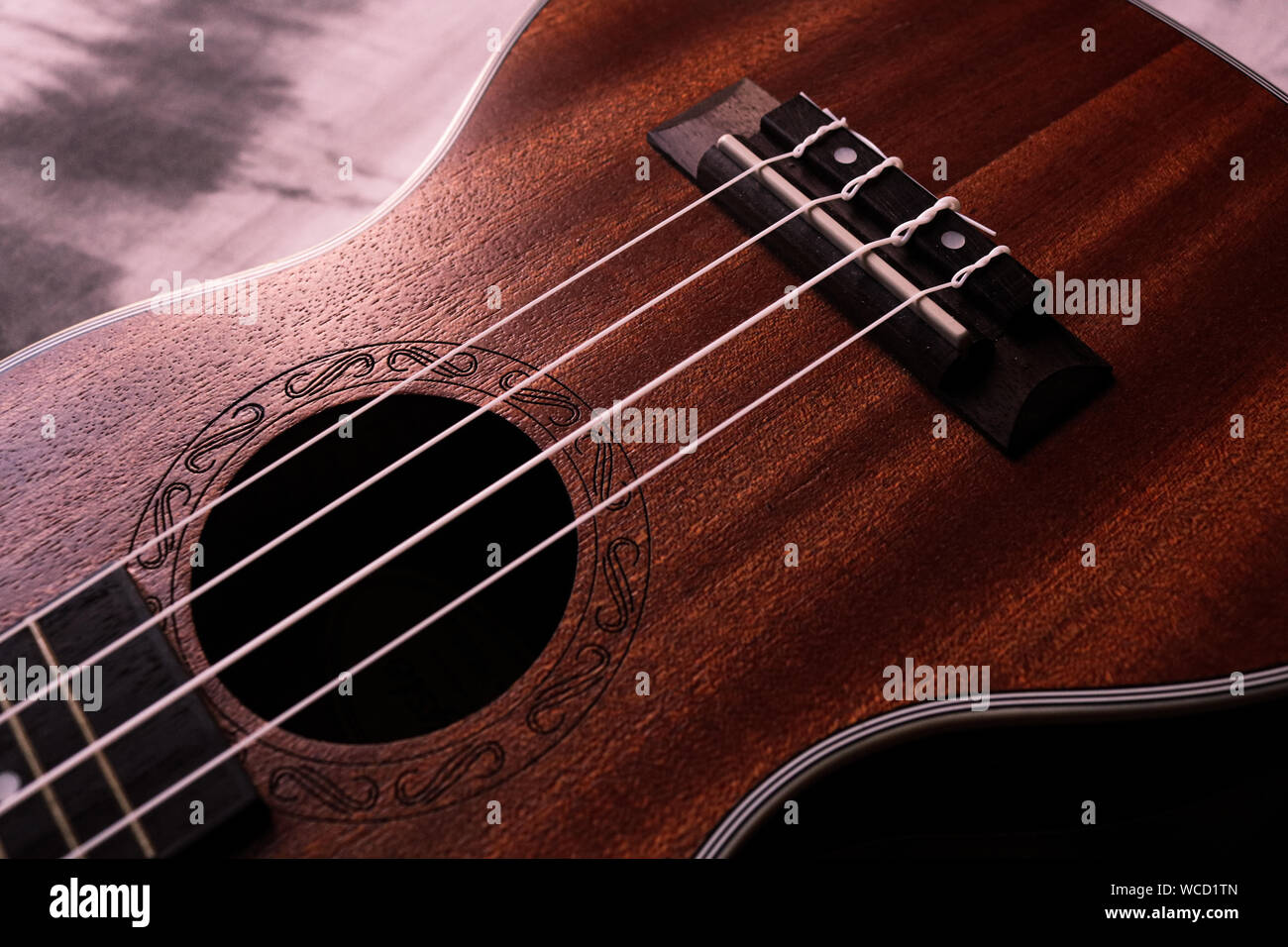 Close up of classic hawaiian ukulele instrument of background Stock ...