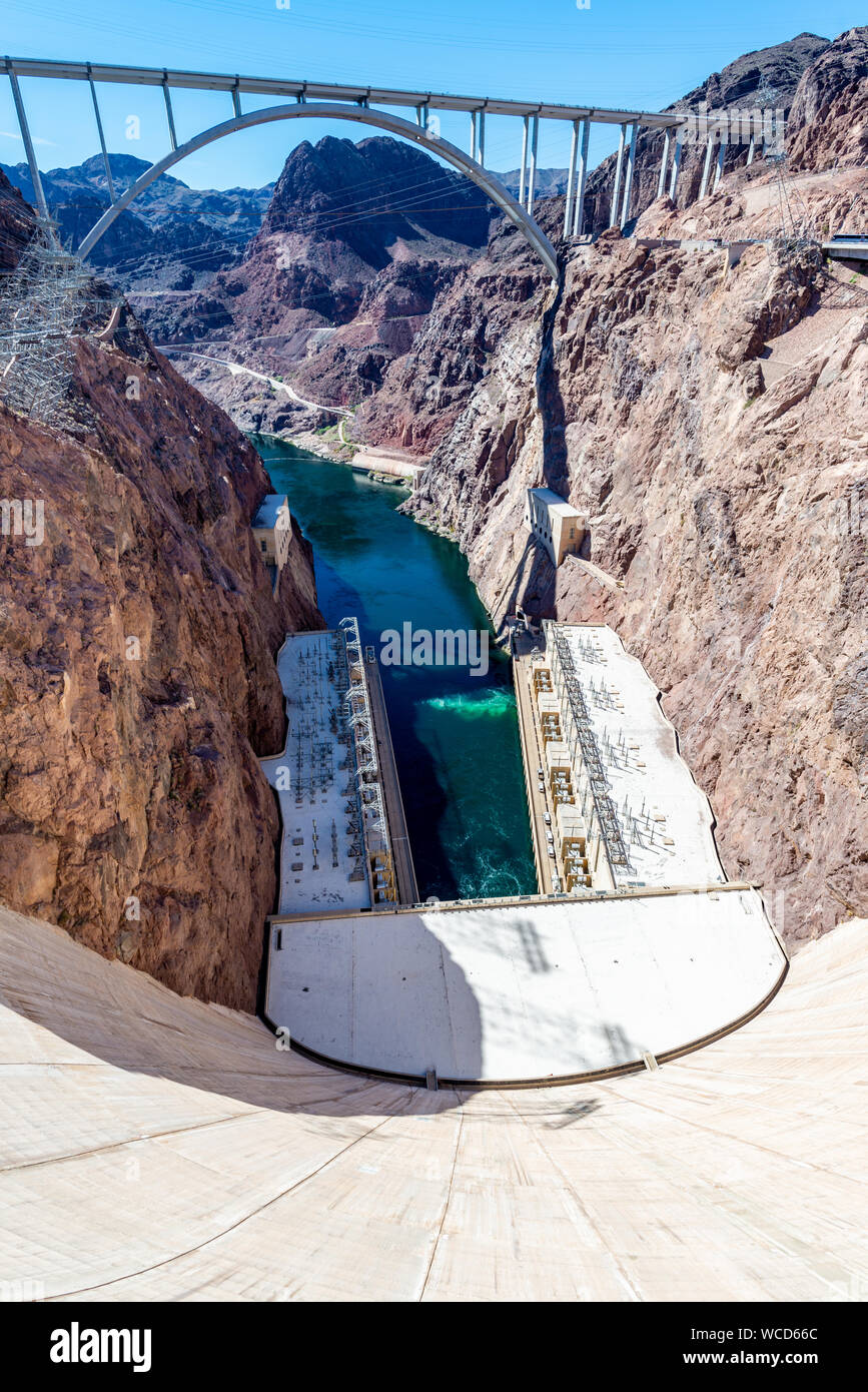 Hoover Dam in United States. Hydroelectric power station on the border ...