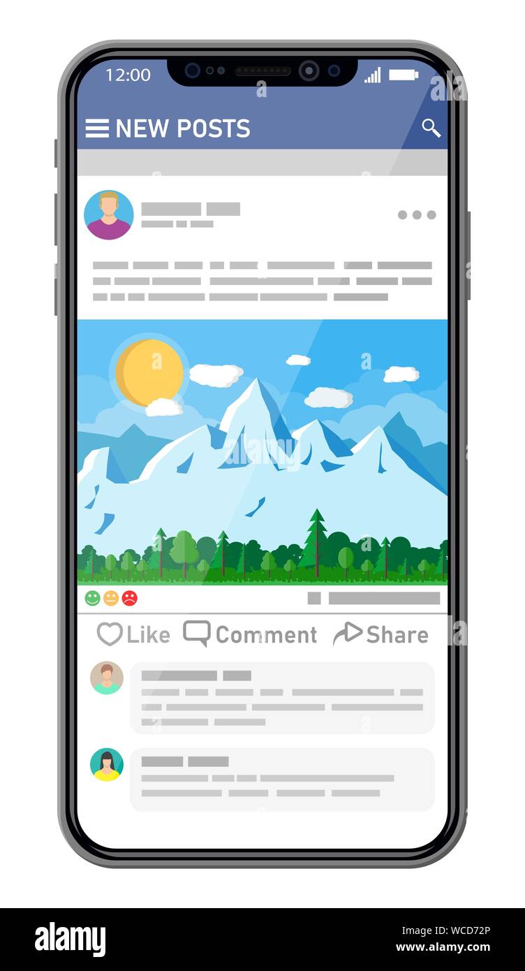 Social network interface template on smartphone screen. News post ...