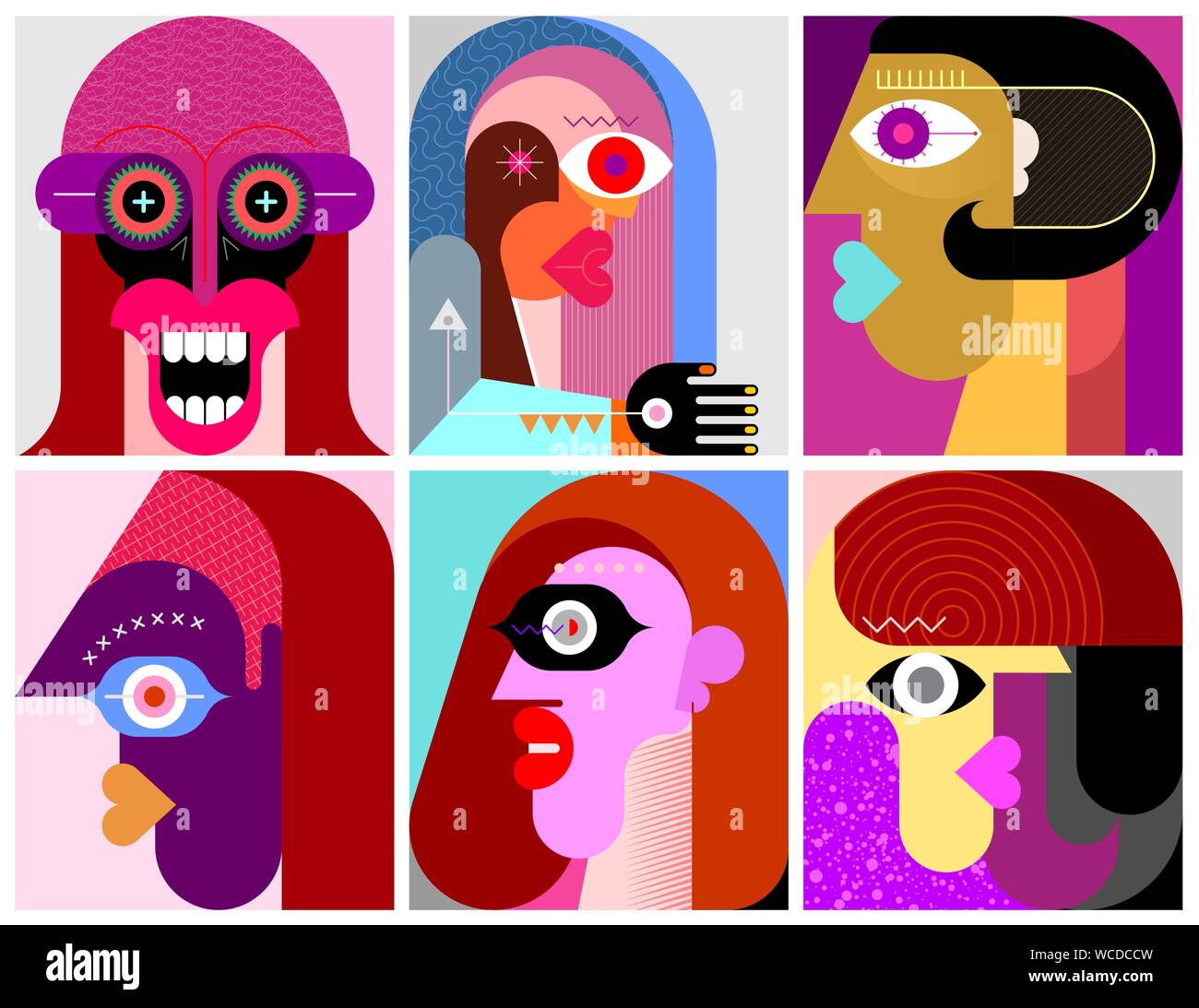 Six Portraits modern art vector illustration. Composition of six ...