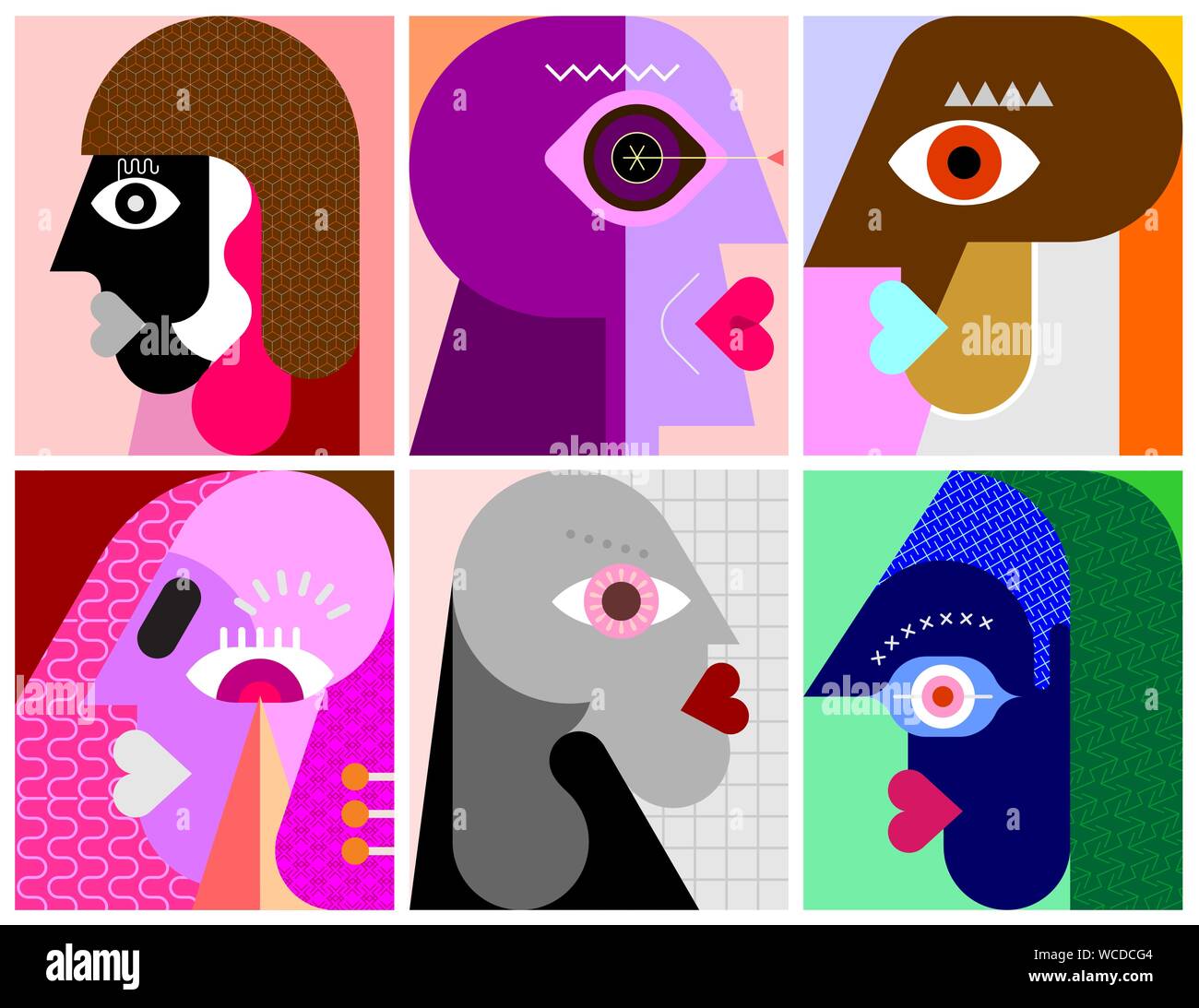Six Faces, Facial Expressions modern art vector illustration ...