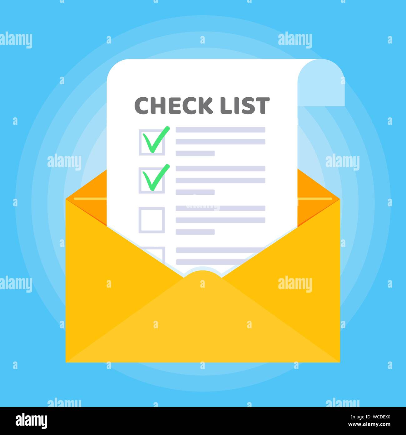 Open envelope with document paper sheet page check mark tick text icon ...