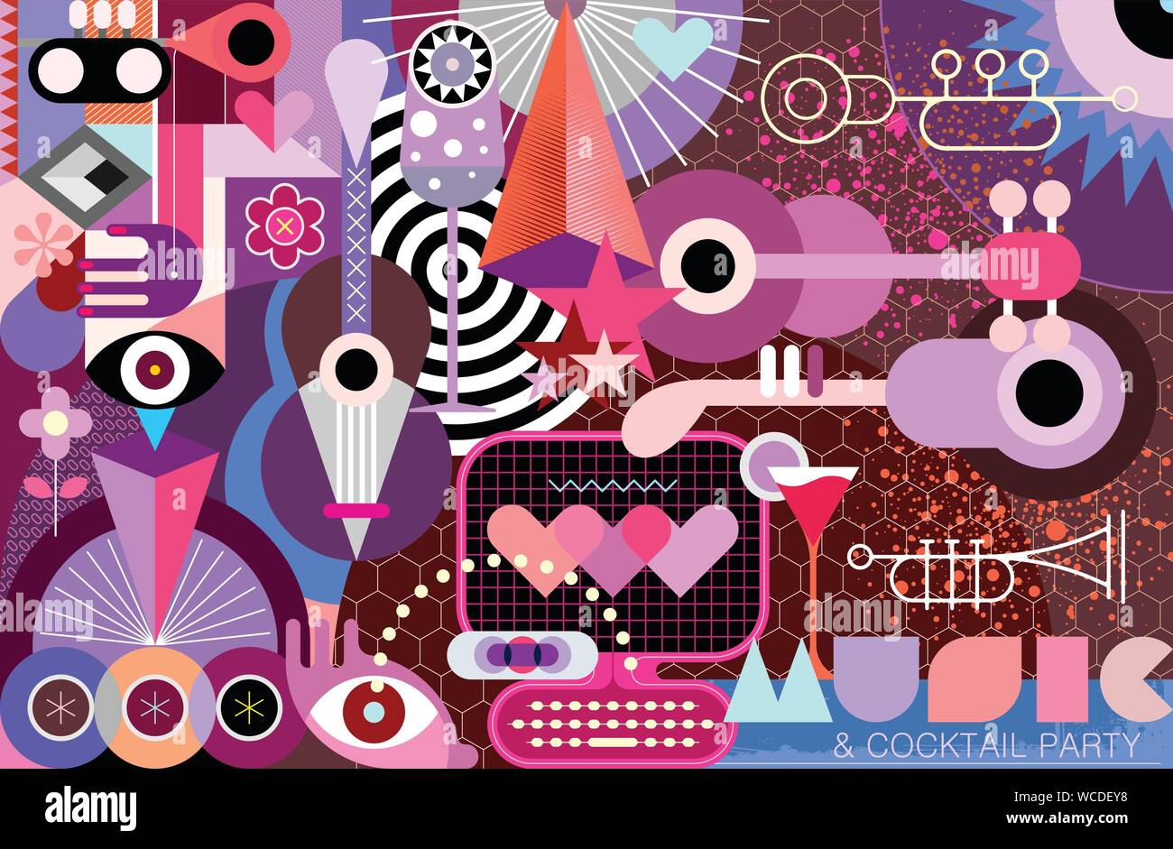 Modern abstract art design with musical instruments, cocktails and ...