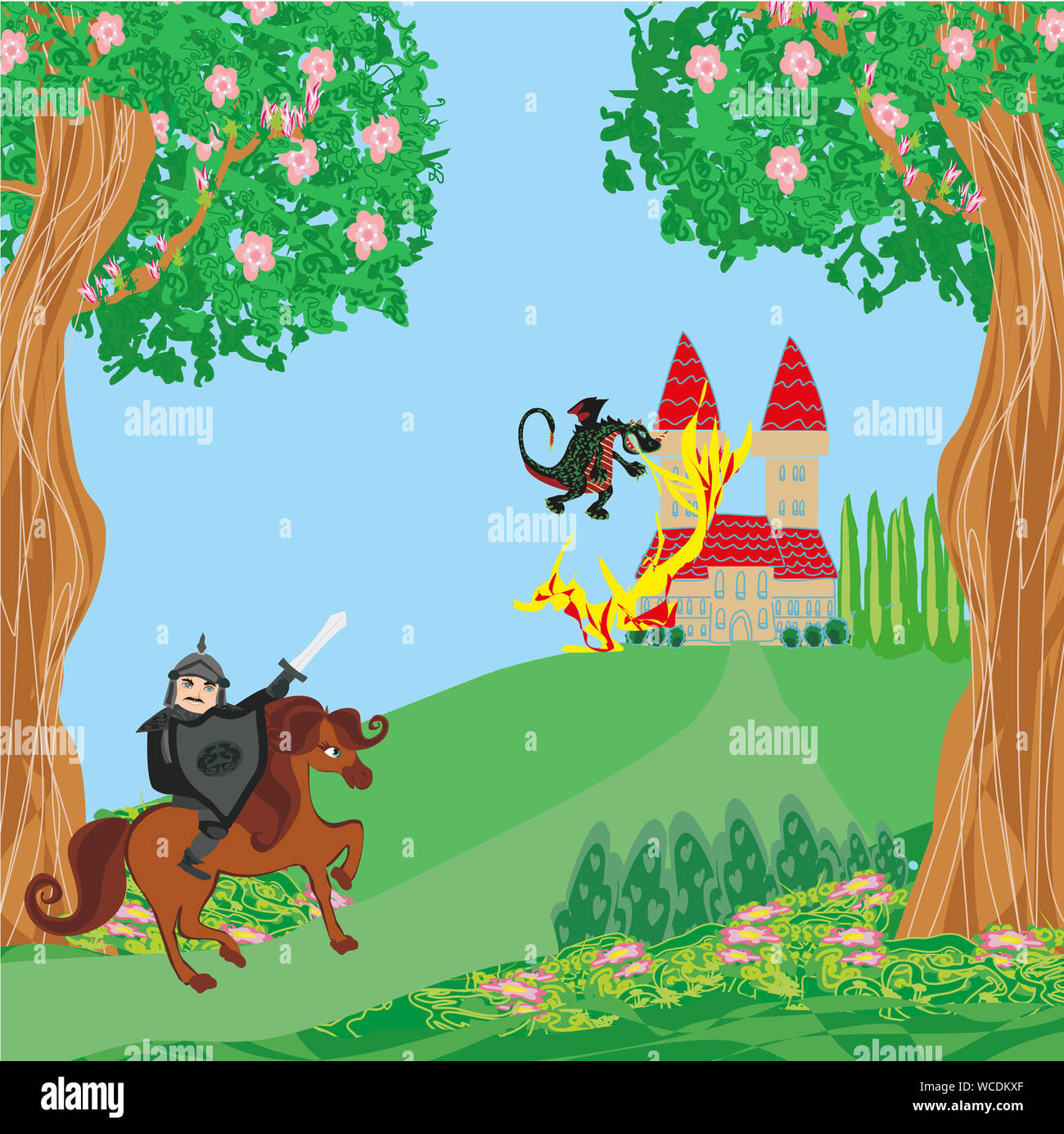 Dragon attacks the castle Stock Photo - Alamy