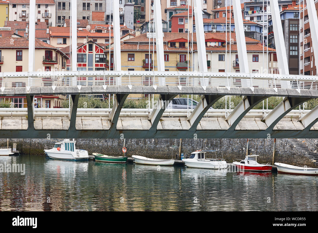 Traditional village in Basque Country. Ondarroa bridge over artibai ...
