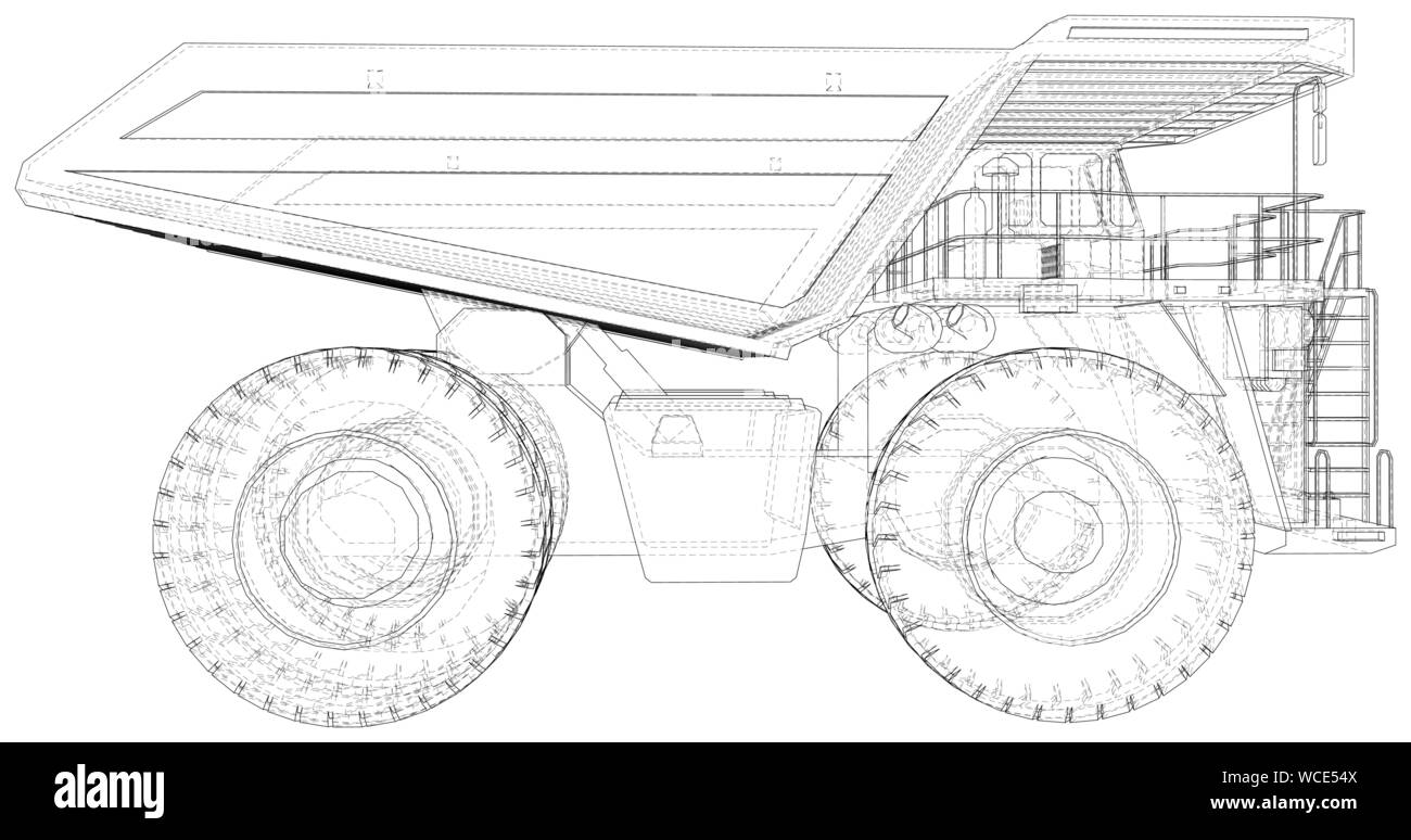 Tipper Wire-frame line dump truck isolated on white. Vector rendering ...