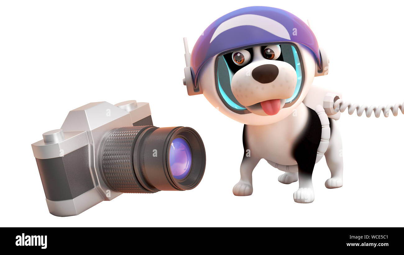 3d cute puppy dog wearing a spacesuit looking at a camera in zero ...