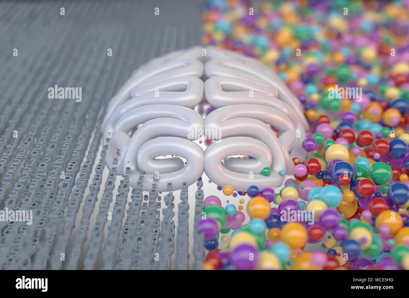 A stylized brain with the left side depicting an analytical, structured ...