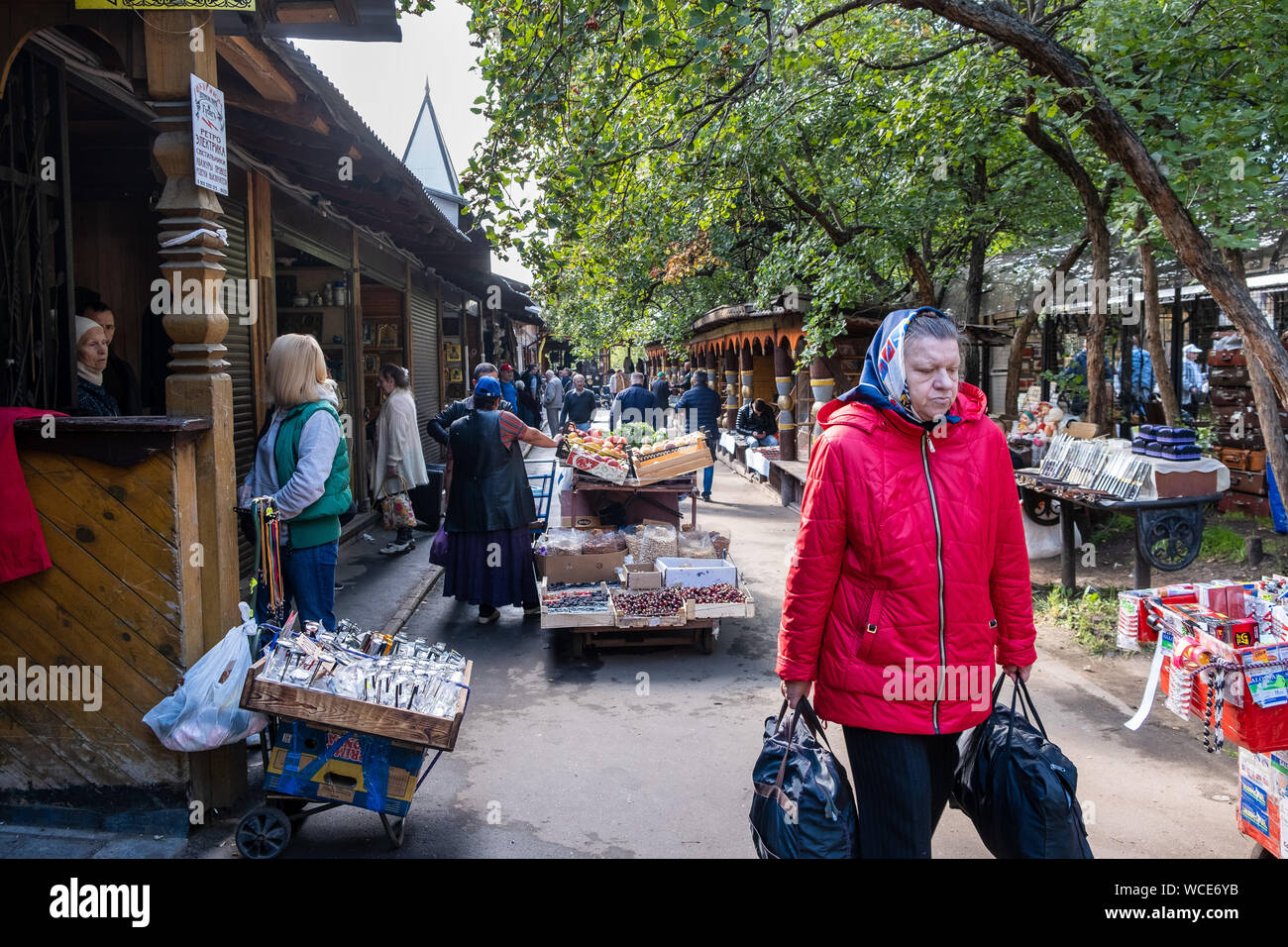 MOSCOW, RUSSIA - AUGUST 3, 2019: Izmailovsky Market. People shop at the ...