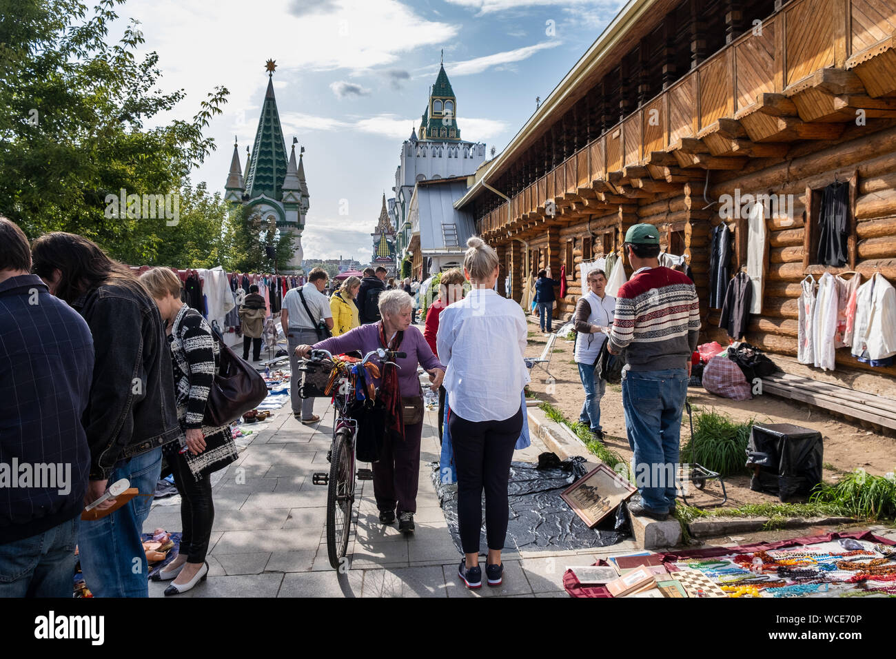 MOSCOW, RUSSIA - AUGUST 3, 2019: The wooden stalls of Izmailovsky ...