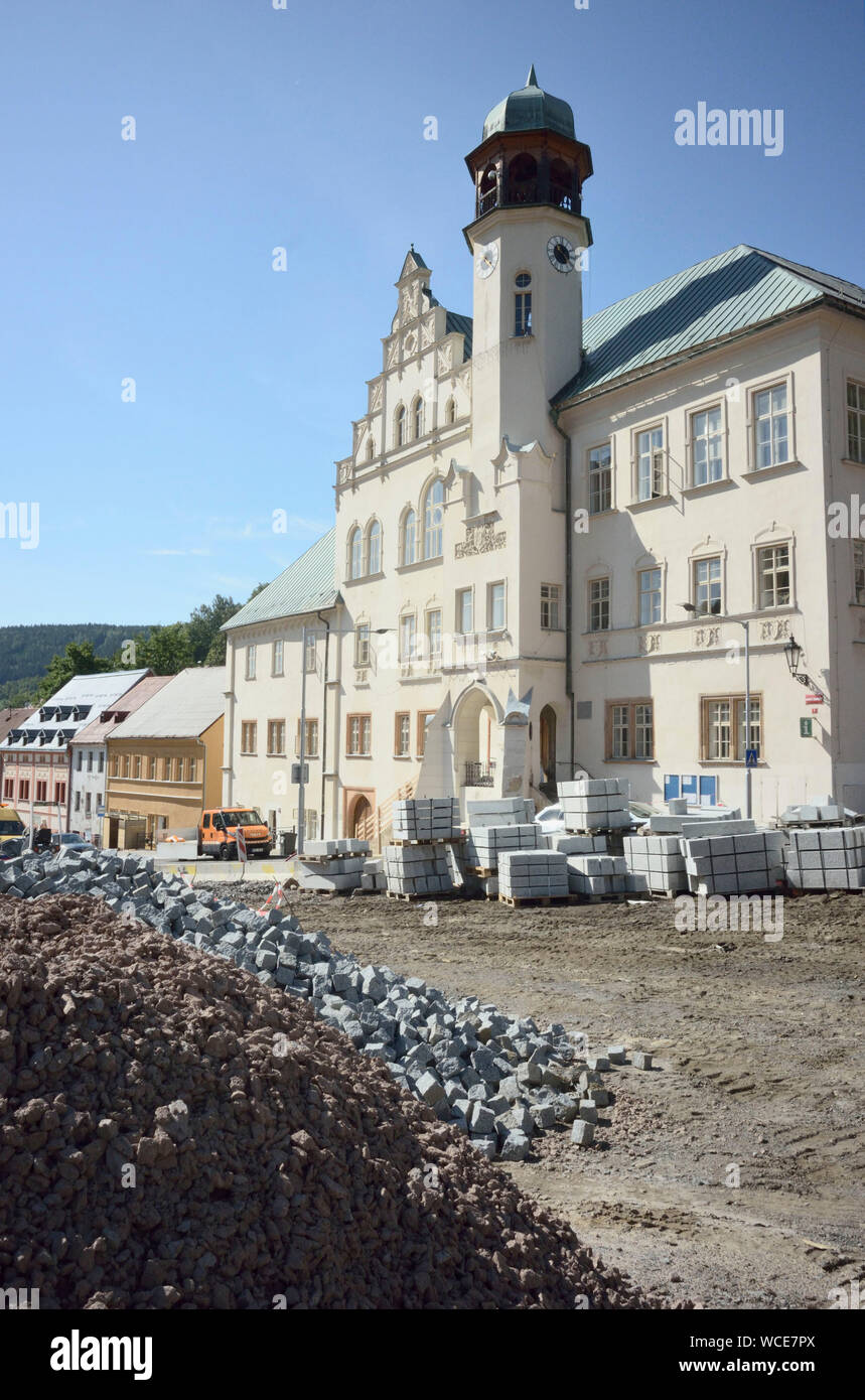 Jachymov, Germany. 08th Aug, 2019. The street in front of the town hall ...