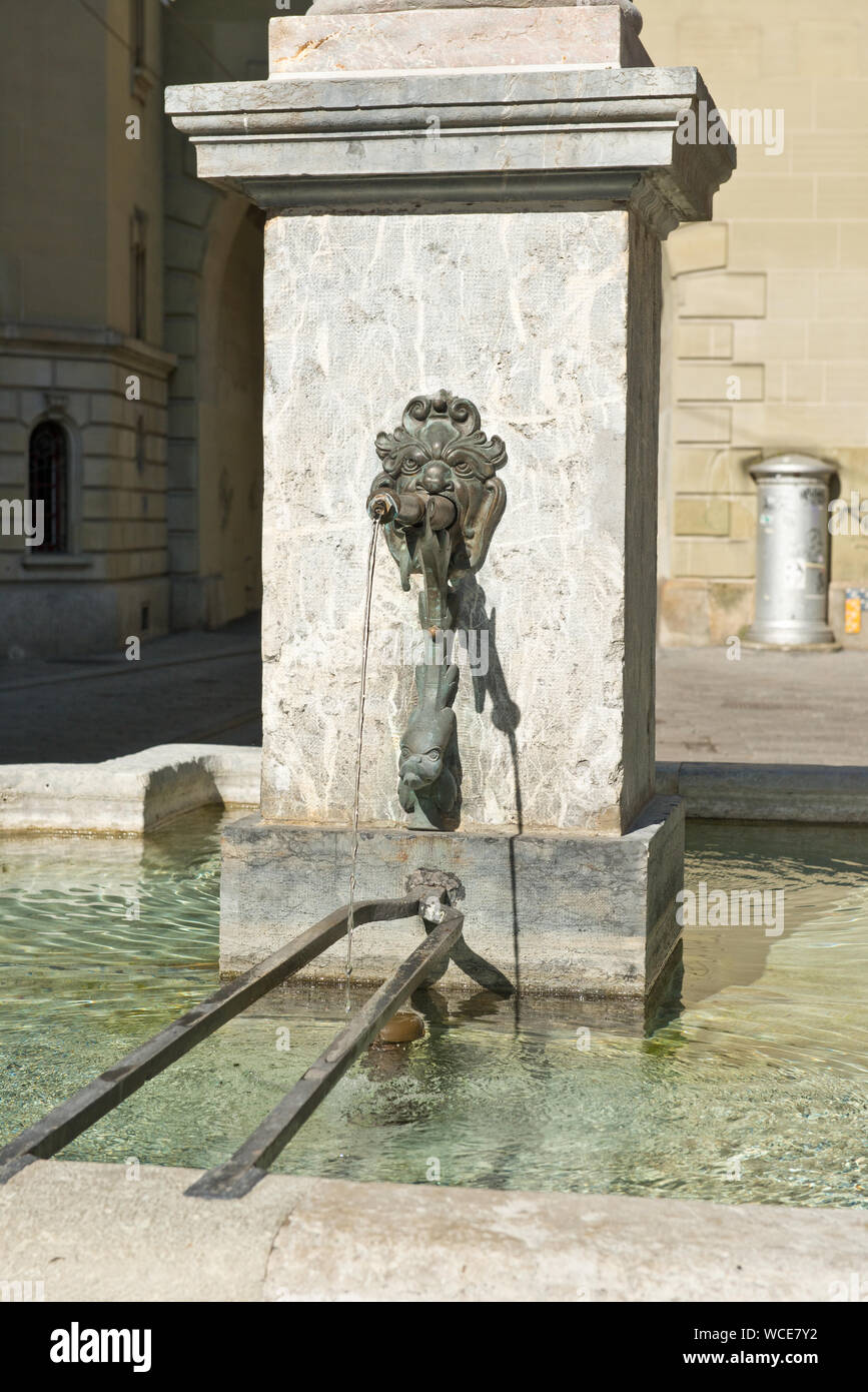 Lion sculpture at base of fountain of Anna-Seiler-Brunnen near ...