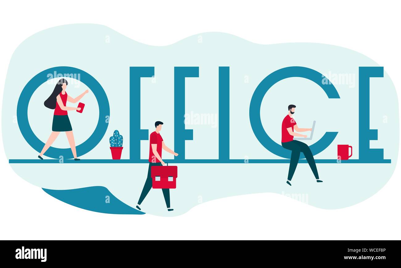 Vector illustration with office inscription and working people ...
