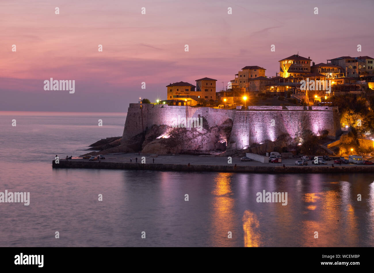 Sunset capture of the fortress of Ulcinj in southern Montenegro. Each ...
