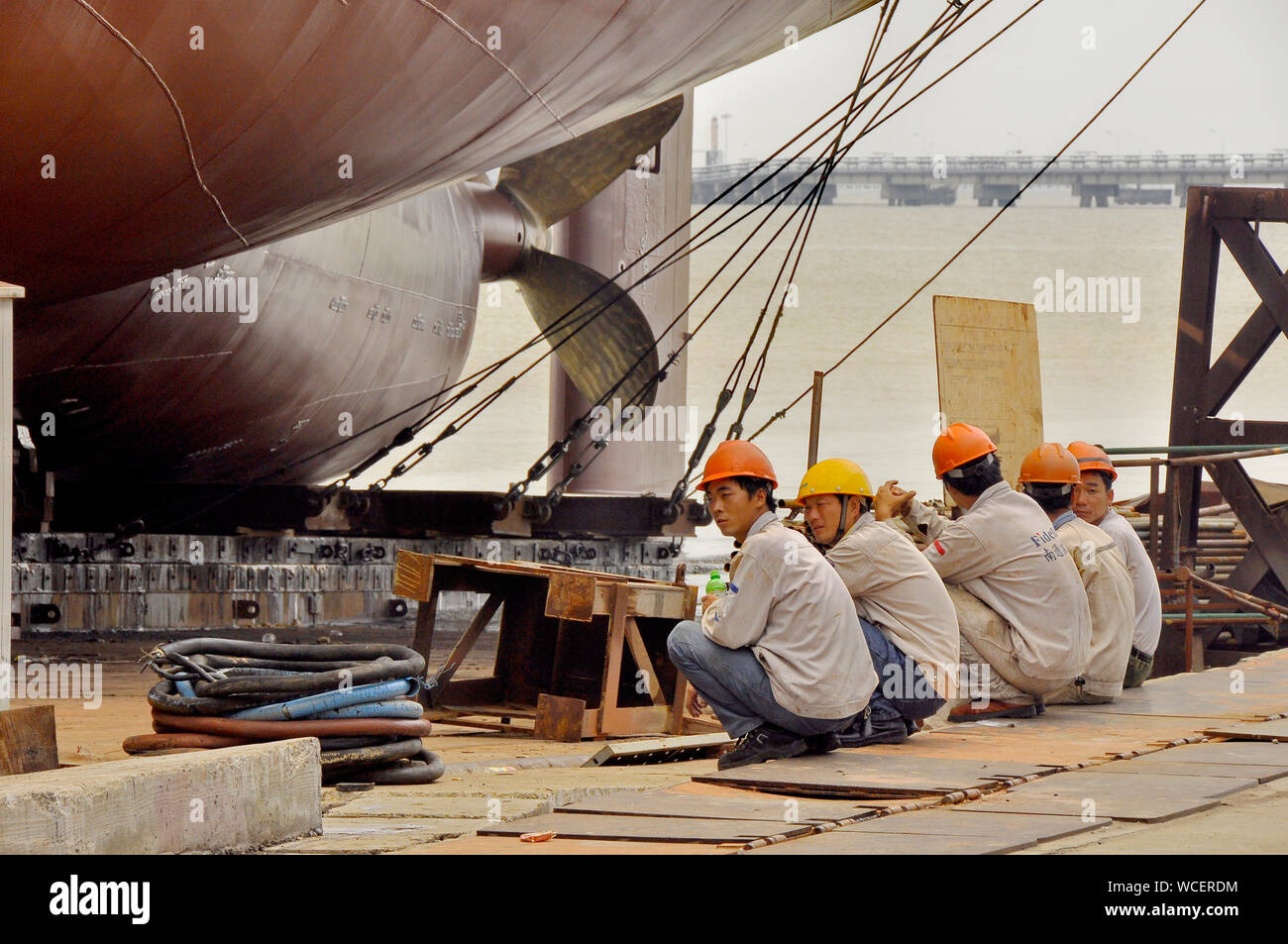 Shipbuilding on the Yangtze River in Nantong Jiangsu China Stock Photo ...