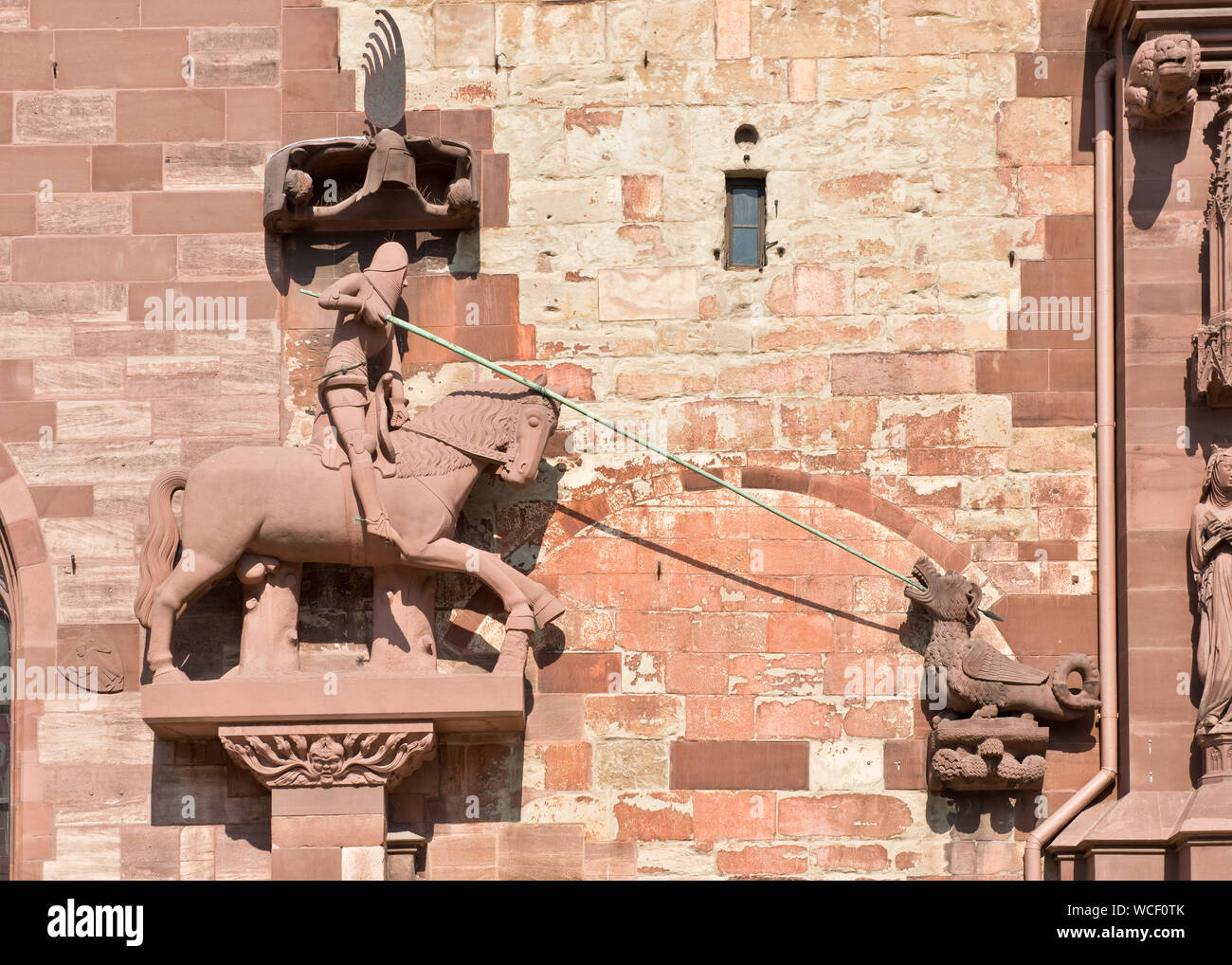 George and dragon statue sculptures on the main wall of the Basler ...