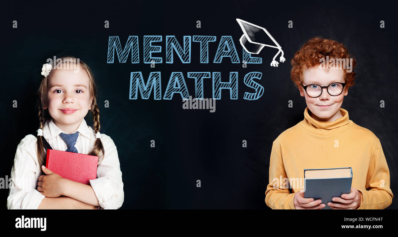Successful kids boy and girl pupils on blackboard background with ...