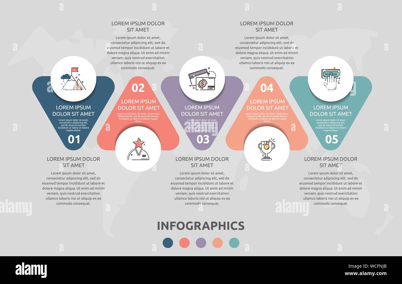 Vector infographic flat template triangle and circle for five paper ...