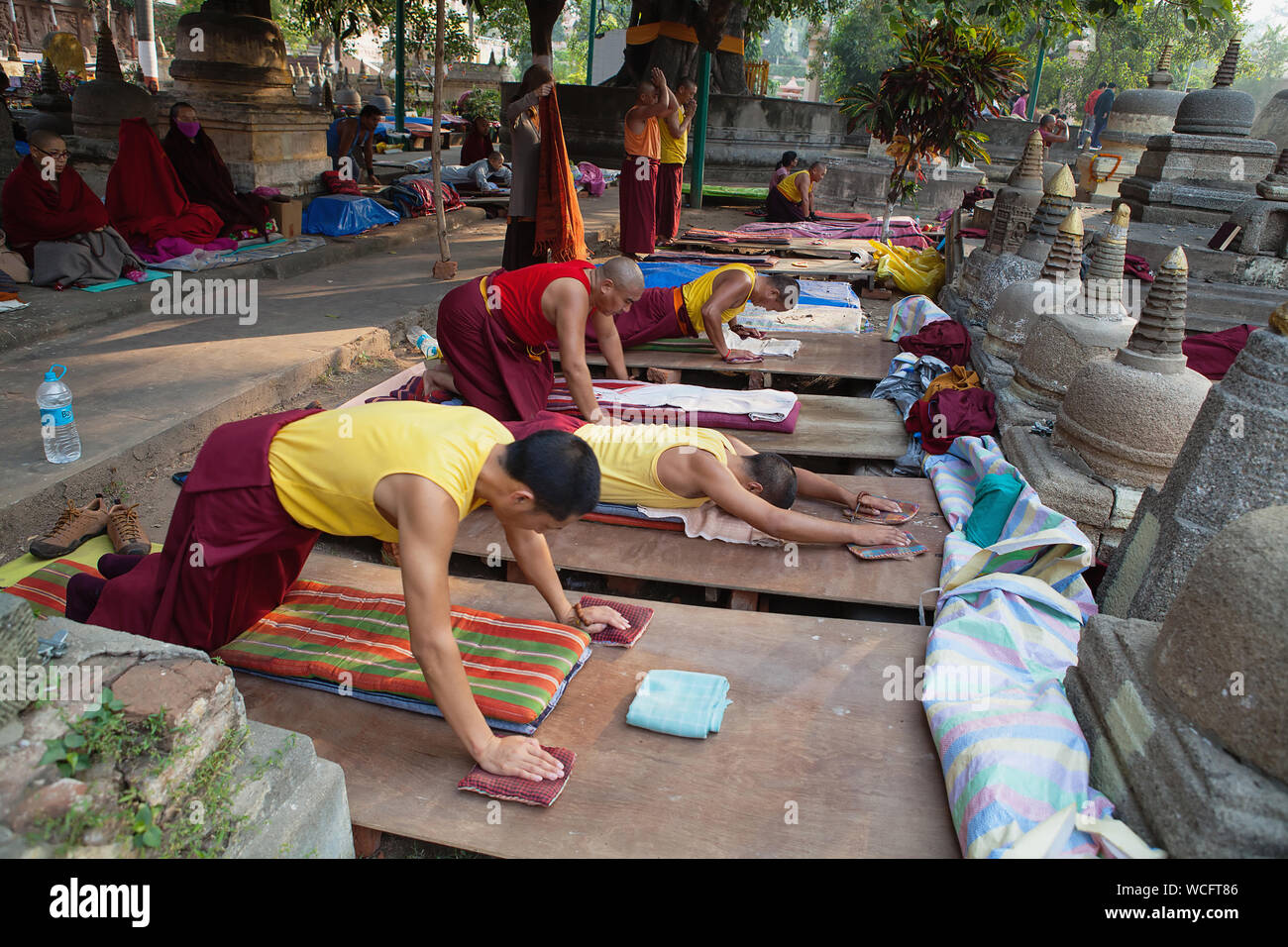 India, Bihar, Bodhgaya, Buddhist monks praying and prostrating ...