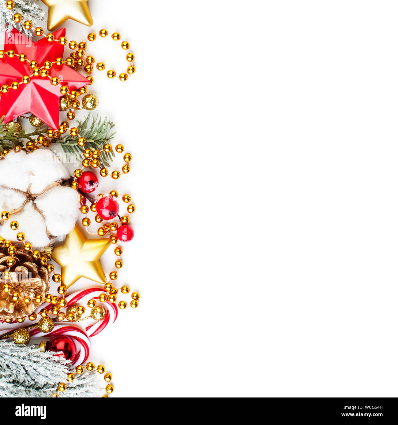 Bright colorful border of Christmas decor on white background Stock ...