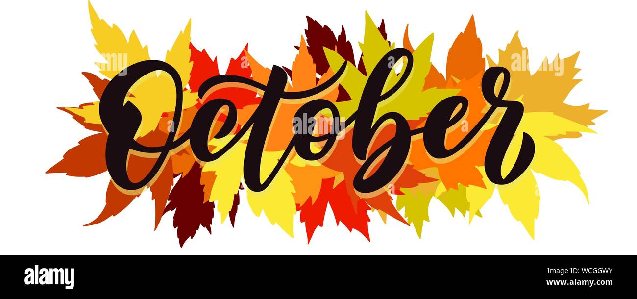 October, vector script with decorative maple leaves elements. Hand ...