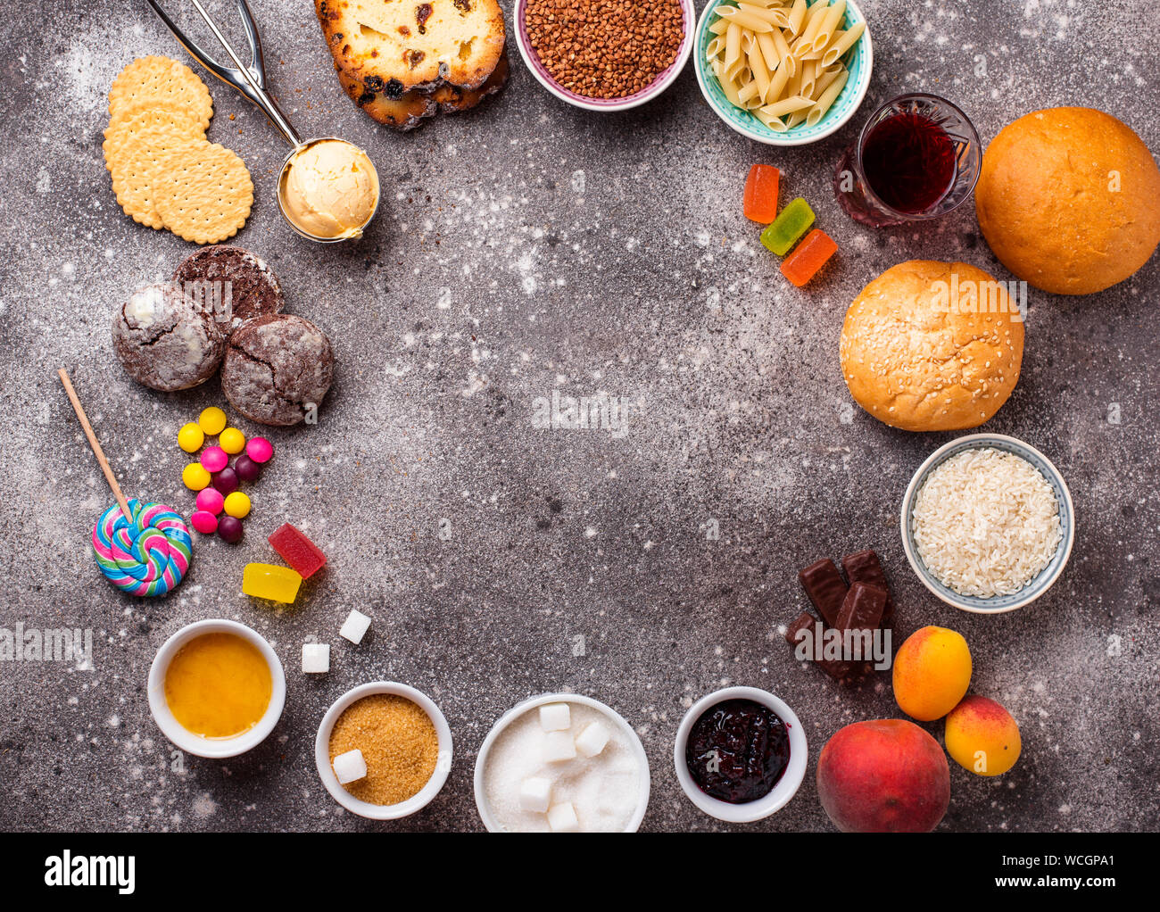Assortment of simple carbohydrates food Stock Photo - Alamy