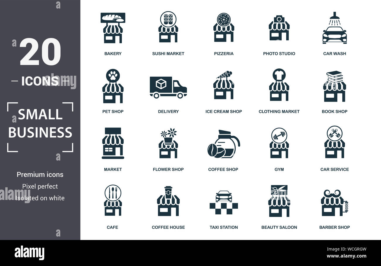 Small Business icon set. Contain filled flat market, taxi station, car ...