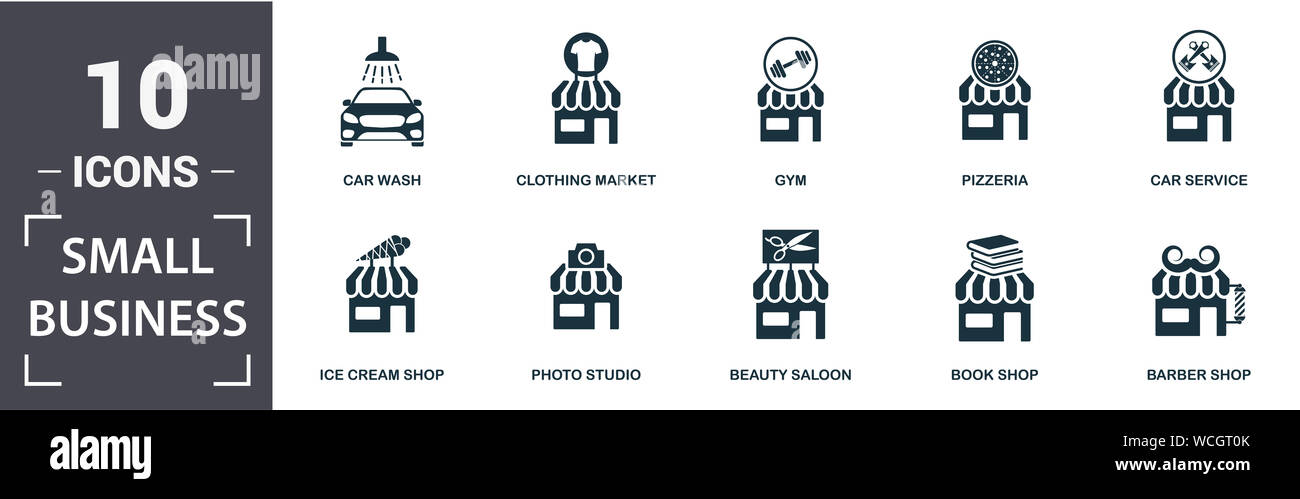 Small Business icon set. Contain filled flat clothing market, car wash ...