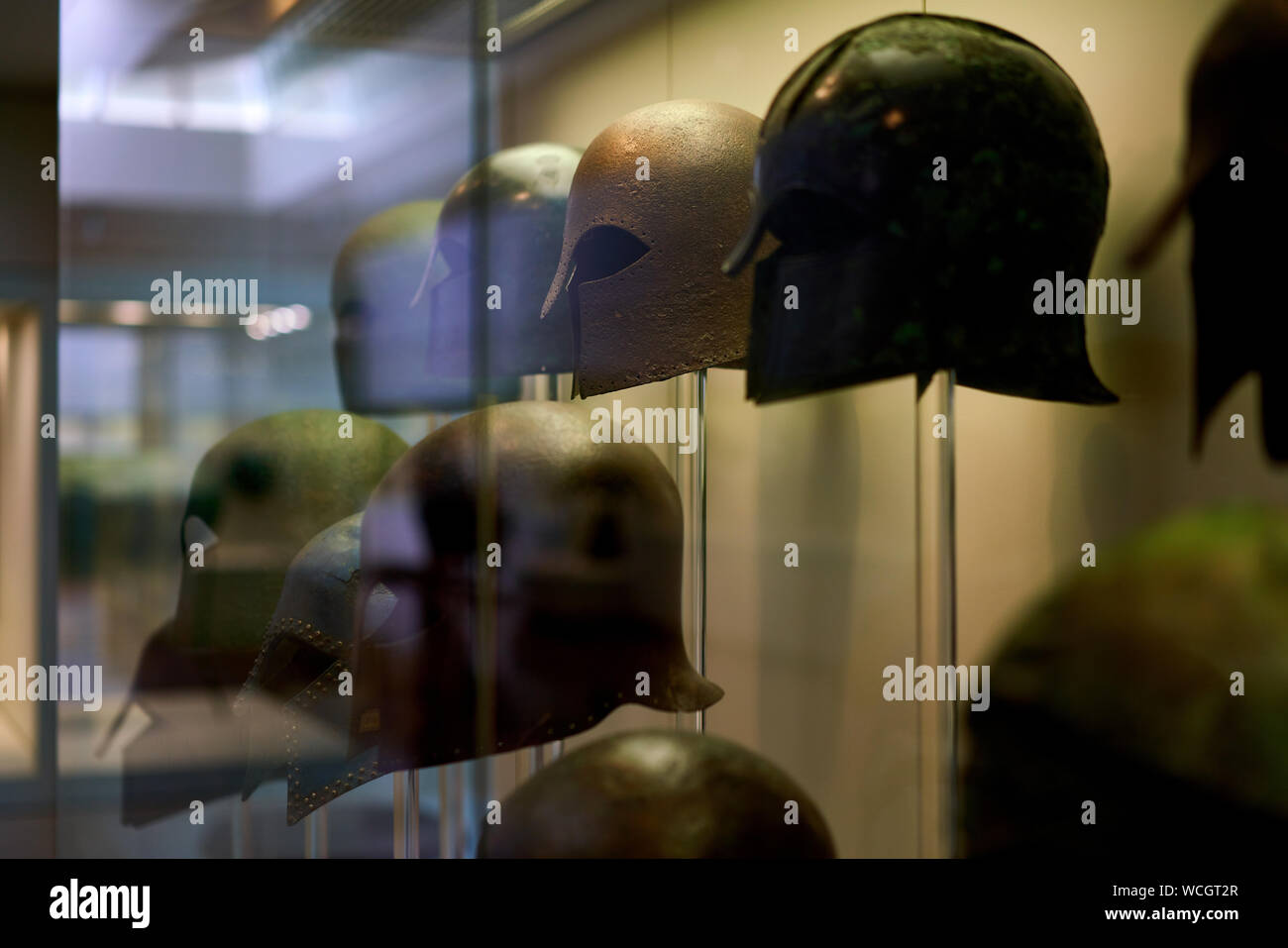 Ancient Greek Hoplite helmets on display at Olympia in Greece Stock ...
