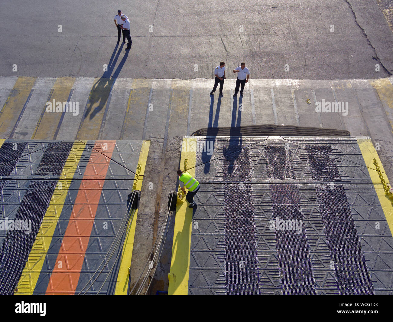 Piraeus, Greece - July 26, 2019: Open gate of large ferry docked in sea ...