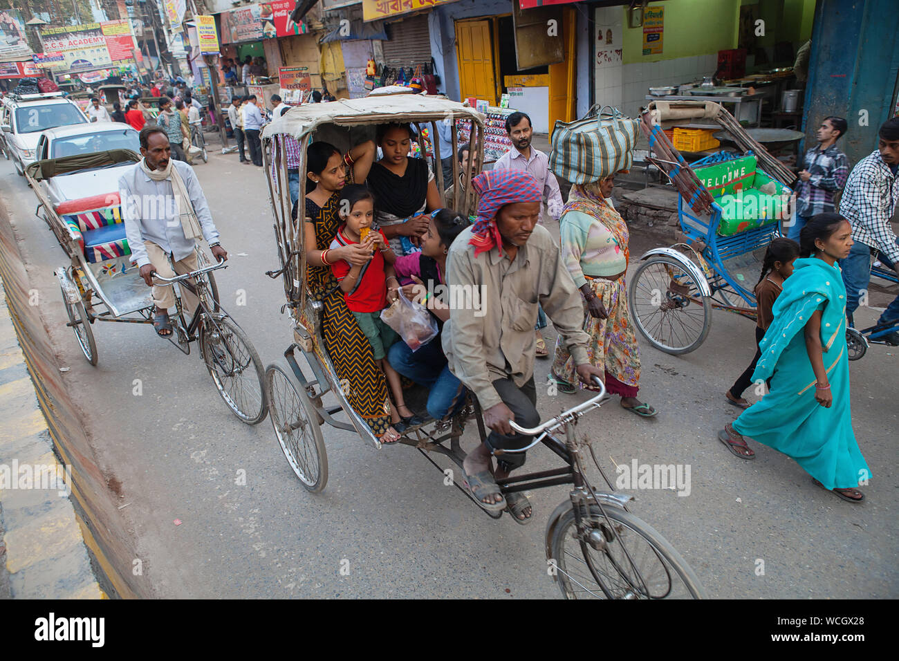 India, Uttar Pradesh, Varanasi, Cycle rickshaw in Varanasi Stock Photo ...