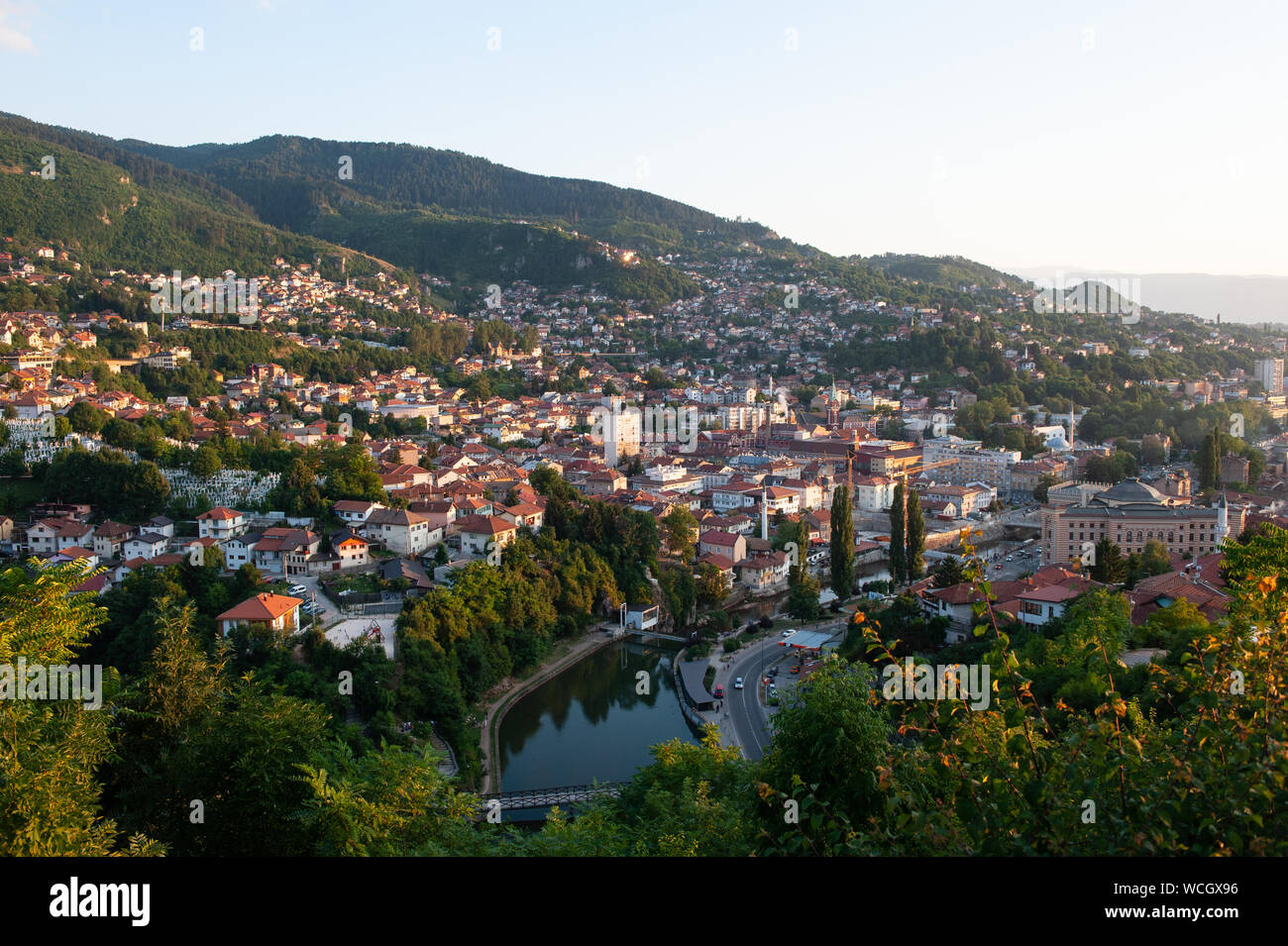 Sunset view of the Miljacka River from the terrace of the Park Princeva ...