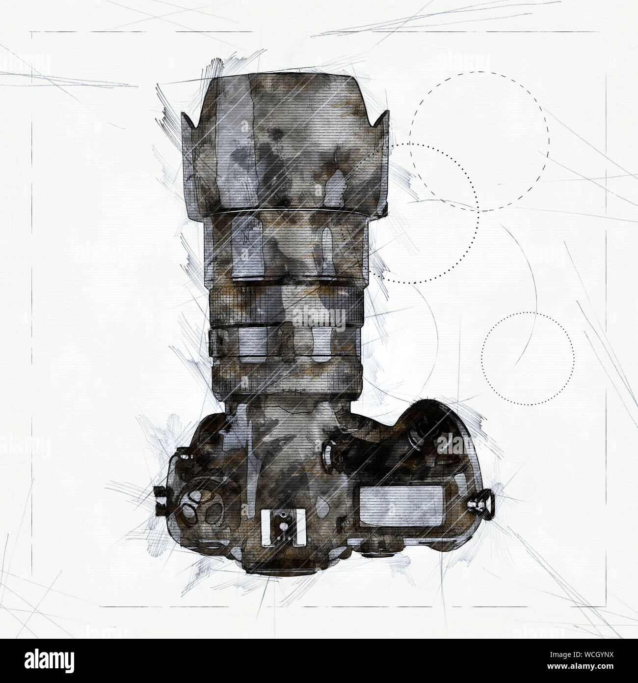 Illustration sketch of a professional digital Lens Reflex. top view ...