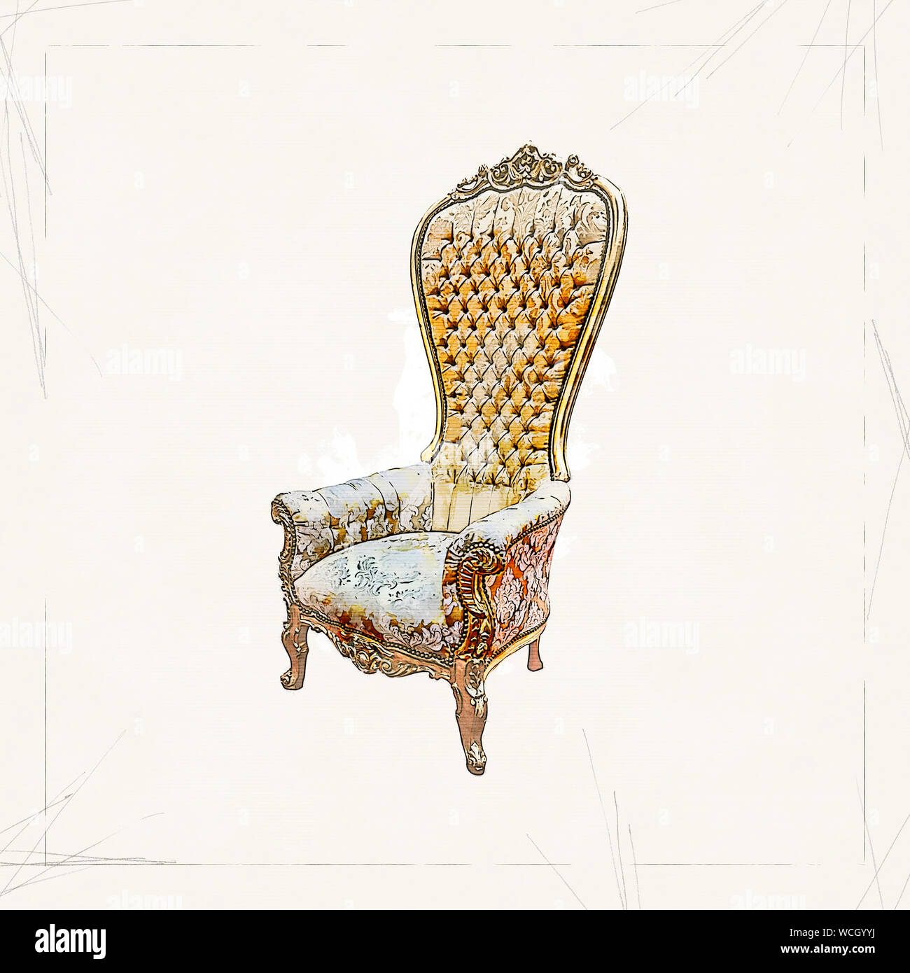 Digital illustration painting of a Elegant golden royalty throne. View ...
